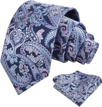 Alizeal Cravate et mouchoir de poche pour homme Motif cachemire, Bleu marine + rose, taille unique