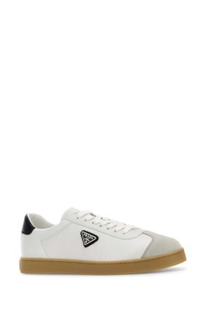 Prada Mens White Napa Leather Sneakers Bianco-Blu Agnello-Vitello Bianco/blu