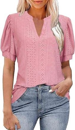 Generic Chemise unie à manches courtes pour femme, chemisier ample pour femme, chemisier dété à col en V, chemises à manches courtes ajourées mignonnes en den