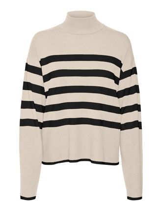 Vero Moda Curve Damen VMCHAPPINESS LS HIGHNK Pullove GA BO CU Strickpullover, Birch/Stripes:Black, M Gr&ouml;&szlig;en
