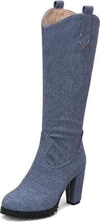 Generic Bottes de cowgirl occidentales &agrave; bout rond et coupe en V pour femme, bleu fonc&eacute;, 37.5 EU