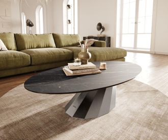 DELIFE Couchtisch Edge Oval 140x80 cm Keramik Laminam Noir Desir Braun Parabi Edelstahl geb&uuml;rstet, Couchtische