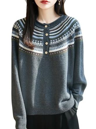 Generic Pull Femme Pull Fair Isle pour Femme 100% Laine Et Cachemire Manches Longues Col Rond &Eacute;pais Et Chaud Id&eacute;al pour lhiver Et LAutomne &Agrave; Rayures &Agrave; Superpo