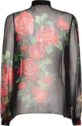 Dolce & Gabbana Silk Chiffon Rose Print Blouse - Black