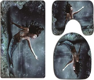 A.Monamour Badezimmer Badematte 3 Teilig Set Fantasie Meerjungfrau Frau Unterwasserszene Flanell WC Toilette Deckel Deckt Bad Matte Teppich Badteppiche Badvorleg