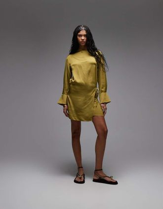 & Other Stories Robe courte &agrave; manches longues et jupe portefeuille asym&eacute;trique - Vert olive