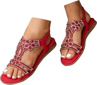 Generic Sandales plates à bride en T avec sangle de cheville élastique et bride de cheville - Style bohème - Tendance - Pour vacances - Plage - Bout ouvert - 