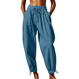 Generic Pantalon en lin pour homme - Coupe fusel&eacute;e - Pantalon de vacances - Taille &eacute;lastique - Pantalon de plage avec cordon de serrage - Pantalon de jogging 
