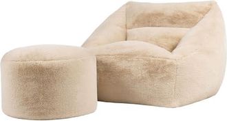 Icon Brand Natalia Sitzsack Sessel f&uuml;r Erwachsene mit Hocker, Beige, Flauschiger Kaninchen Kunstfell Stoff, Riesen Sitzsack mit F&uuml;llung, Bean Bag, Bequemer Sesse