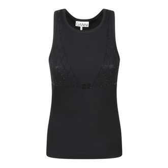 Ganni Femme, Tops, Noir, Taille: 40 FR D&eacute;bardeur en maille c&ocirc;tel&eacute;e de coton doux avec strass
