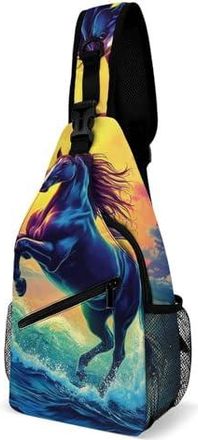 Generic Sacoche Homme Bandouliere Art du cheval sauvage courant en mer Polyester Sling Bag L&eacute;ger Sac &agrave; Poitrine pour Randonn&eacute;e Cyclisme Camping