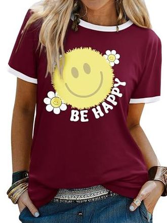 Dresswel T-shirt pour femme avec imprim&eacute; sourire - T-shirt &agrave; manches courtes et col rond - Hauts d&eacute;t&eacute; - Tee-shirts - Blouse, XXL