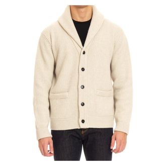 Roberto Collina Homme, Pulls, Beige, Taille: L Pulls Beige avec Col Châle et Détail Boutonné