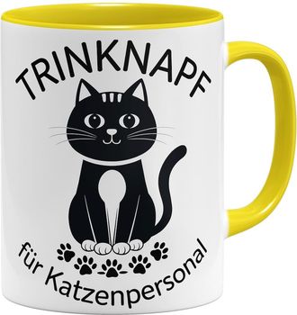 OM3 witzige Kaffee-Tasse mit Spruch - Trinknapf für Katzenpersonal - Katzenliebhaber Katze II - Keramik Becher - 325ml - Beidseitig Bedruckt - Gelb
