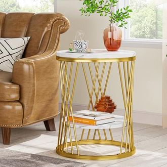 Tribesigns Table dappoint ronde moderne blanche et dor&eacute;e avec &eacute;tag&egrave;res en faux marbre, table de chevet &agrave; 2 niveaux, table basse fine pour canap&eacute;, chambre &agrave; couch