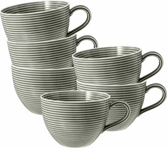 SELTMANN WEIDEN Beat Color Glaze Milchkaffeetassen 6er Set, 350 ml, Cappuccinotassen mit Rillen-Relief, Porzellan, Perlgrau