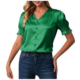 Generic Chemisier en satin &eacute;l&eacute;gant pour femme - Col en V - Manches courtes - Tunique d&eacute;t&eacute; - &Eacute;l&eacute;gant et ample - Manches courtes - D&eacute;contract&eacute; - Soyeux - Satin,