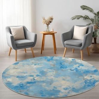 Generic Abstrait Bleu-Gris Doux Tapis Rond 180 cm, Lavable Antid&eacute;rapant Poil Ras Carpet, Motif Texture &Eacute;l&eacute;gante Et Vieillie Descente de Lit Chambre Adulte Sal