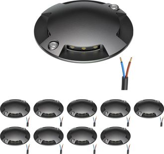 LEDs Com 10 St&uuml;ck LED Bodenleuchte, Wegmarkierung RUNDA f&uuml;r au&szlig;en, IP67, 4-flammig, anthrazit, rund, 70mm &Oslash;, warmwei&szlig;