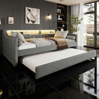 Generic Design-Schlafsofa 90x200 graues Leinen - erweiterbares Sofa, LED-Beleuchtung, USB-Ladeanschluss und Boxfeder im Lieferumfang enthalten