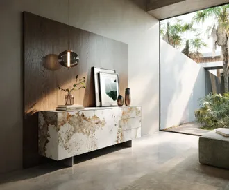DELIFE Sideboard Cuor 180 cm Keramik Minas Melange Wei&szlig;-Beige 2 T&uuml;ren 3 Schubf&auml;cher Fu&szlig; Schwebeoptik Edelstahl, Sideboards