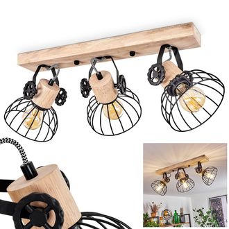 HOFSTEIN Deckenleuchte Orny, Deckenlampe im Vintage-Design aus Holz/Metall in Natur/Schwarz m. Schirmen in Gitter-Optik, Leuchte m. Holzbalken, Textilkabeln u.