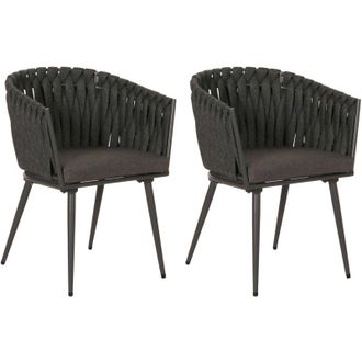 Hhg 2er-Set Aluminium-Gartenstuhl HHG 418, Outdoor Stuhl Armlehne, Olefin Seilgeflecht Rope anthrazit Kissen dunkelgrau