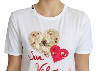 Dolce & Gabbana Womens White San Valentino Heart Crystals T-Shirt Top Cotton