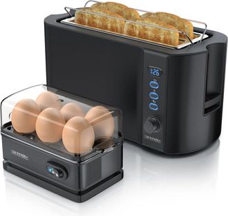 Arendo Set Toaster frukost mit Eierkocher sixcook Edelstahl Schwarz, Toaster 4 Scheiben, LED-Display, 6 Br&auml;unungsgrade, Br&ouml;tchenhalter - Eierkocher - Arendo