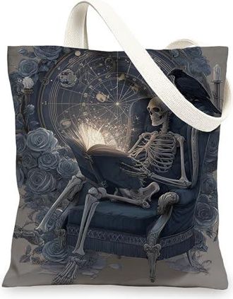 Generic Sac fourre-tout en toile motif squelette gothique, sac à provisions réutilisable, léger et lavable avec bandoulière, Foncé, 13x15 Inch