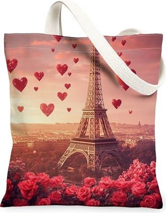 Generic Sacs fourre-tout romantiques en toile &agrave; motif floral, motif coeur, sacs d&eacute;picerie r&eacute;utilisables, vintage, parisien, l&eacute;ger et lavable, toile pour voyag