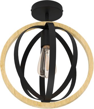 Eglo Deckenleuchte Basildon, 1-flammige Deckenlampe mit Reifen, runde Wohnzimmerlampe aus natürlichem Holz und Metall in schwarz, FSCM70HB, Deckenbeleuchtu