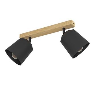 Eglo Rail spot Cotorro, rampe de 2 spots orientables, FSC100HB, barre de spots pivotants, plafonnier en bois naturel et m&eacute;tal noir, lampe de plafond avec d
