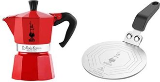 Bialetti 0004942 Cafetière Italienne, Aluminium, Rouge, 3 Tasses & Assiette à Induction, Adaptateur pour lUsage de Cafetières et Poêles sur Plaques à Induction