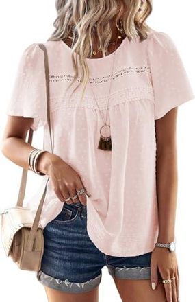 Generic Chemise boh&egrave;me &agrave; pompons pour femme, joli col rond, manches courtes, couleur unie, haut surdimensionn&eacute;, d&eacute;contract&eacute;, pliss&eacute;, coupe ample, rose clair, 