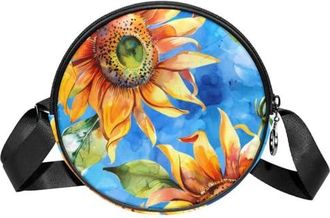 Generic Petit sac &agrave; bandouli&egrave;re rond pour femme, motif tournesol avec fermeture &eacute;clair, bretelles r&eacute;glables, style d&eacute;contract&eacute;, pour femmes et filles