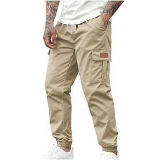 Generic Pantalon cargo pour homme avec taille &eacute;lastique, pantalon de travail &agrave; revers coupe r&eacute;guli&egrave;re avec poches, pantalon de jogging de couleur unie respira