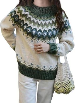 Generic Pull Norvégien Femme dhiver Chaud Chic Pullover Tricoté Col Rond Manche Longue Sweatshirts Motif Jacquard Hauts Grande Taille Casual Basique Vetement 