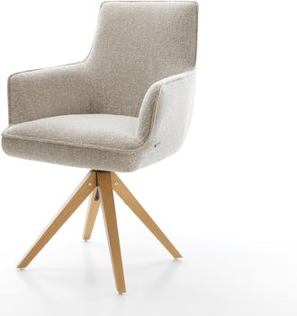 DELIFE Drehstuhl Heira-Flex mit Armlehnen Webstoff Soft Beige Holzgestell kantig Natur 180&deg; drehbar Taschenfederkern, Esszimmerst&uuml;hle