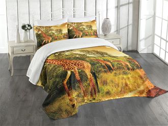 Abakuhaus Giraffe Tagesdecke Set, Afrikanische Safaritiere, Set mit Kissenbezügen Waschbar, für Doppelbetten 220 x 220 cm,Dunkelorange Grün