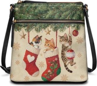 Coloranimal Sac &agrave; bandouli&egrave;re imperm&eacute;able en cuir synth&eacute;tique pour femme avec plusieurs poches, Chaussette de No&euml;l Chat