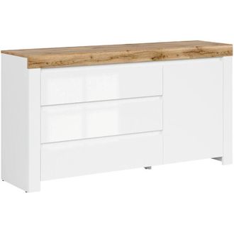 PEGANE Buffet avec 1 porte et 3 tiroirs, coloris Blanc/Ch&ecirc;ne wotan - Longueur 156 x Profondeur 42 x Hauteur 83,5 cm