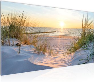 Runa Art Wandbild Strand Sonnenuntergang 1 Teilig 100 x 40 cm Modern Bild auf Vlies Leinwand Meer Natur Deko Geschenk Wohnzimmer Blau Beige 041712a