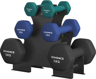 Songmics Kurzhantel Set, Hexagon, mit Hantelst&auml;nder, 2 x 1 kg, 2 x 3 kg, 2 x 5 kg, mattes Finish, Neopren-Beschichtung, Krafttraining, zu Hause, aquamarinblau,