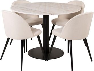 ebuy24 Estelle&Oslash;106WHBL Essgruppe Esstisch wei&szlig;, Marmor und 4 Velvet Esszimmerst&uuml;hle Samt beige, schwarz