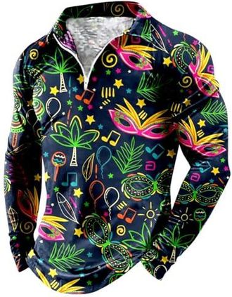 Generic T-shirt basique &agrave; manches longues pour homme avec revers et fermeture &eacute;clair pour homme - Imprim&eacute; carnaval - Col &agrave; paillettes tendance - Costume de ca