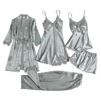 Generic YUJIEBB Ensemble de pyjama 5 pi&egrave;ces en satin pour femme en dentelle patchwork bril v&ecirc;tements de nuit de mariage rayonne v&ecirc;tements de nuit et robe de n