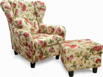 Lifestyle4Living Ohrensessel mit Hocker mit Webstoff Blumenmuster bezogen | Der perfekte Polstersessel f&uuml;r entspannte, Lange Fernseh- und Leseabende