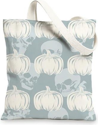 Generic Sacs fourre-tout en toile motif tête de mort et citrouille, sacs dépicerie réutilisables, légers et lavables avec bandoulière, gris, 13x15 Inch