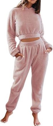 Generic Ensemble de vêtements de détente pour femme en polaire - Ensemble de pyjama en coton à manches longues - Pyjama assorti à capuche - Pull court deux pi